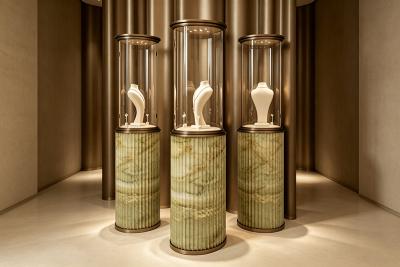 China Tall Cylindrical Glass Jewelry Display Pedestal with Fluted Green Marble Base for 360-Degree Viewing for sale