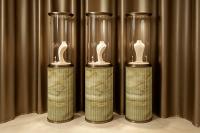 China Tall Cylindrical Glass Jewelry Display Pedestal with Fluted Green Marble Base for 360-Degree Viewing for sale