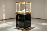 China Luxury Square Jewelry Display Cabinet with Gold Metal Frame, Tempered Glass, and Lockable Storage for sale