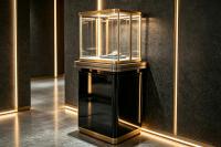China Luxury Square Jewelry Display Cabinet with Gold Metal Frame, Tempered Glass, and Lockable Storage for sale