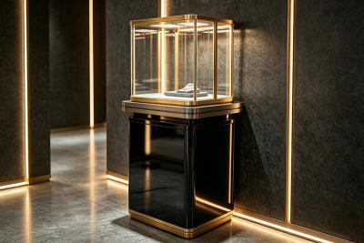 China Luxury Square Jewelry Display Cabinet with Gold Metal Frame, Tempered Glass, and Lockable Storage for sale