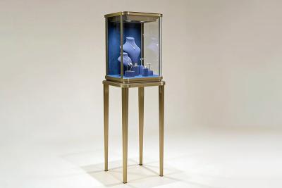 China Tall Slim Gold Metal Leg Jewelry Pedestal Showcase with Blue Velvet Interior and Lockable Square Glass Cabinet for sale