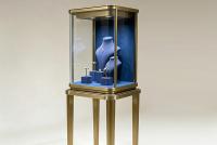 China Tall Slim Gold Metal Leg Jewelry Pedestal Showcase with Blue Velvet Interior and Lockable Square Glass Cabinet for sale