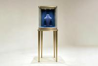 China Tall Slim Gold Metal Leg Jewelry Pedestal Showcase with Blue Velvet Interior and Lockable Square Glass Cabinet for sale