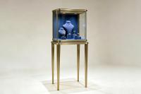 China Tall Slim Gold Metal Leg Jewelry Pedestal Showcase with Blue Velvet Interior and Lockable Square Glass Cabinet for sale