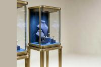 China Tall Slim Gold Metal Leg Jewelry Pedestal Showcase with Blue Velvet Interior and Lockable Square Glass Cabinet for sale