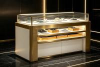 China Luxury Jewelry Showcase Display with Brushed Gold Frame, Lockable Glass Showcase, and 1200*550*950mm Dimensions for sale