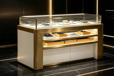 China Luxury Jewelry Showcase Display with Brushed Gold Frame, Lockable Glass Showcase, and 1200*550*950mm Dimensions for sale