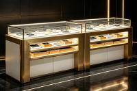 China Luxury Jewelry Showcase Display with Brushed Gold Frame, Lockable Glass Showcase, and 1200*550*950mm Dimensions for sale