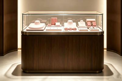 China Walnut Grain Veneer Jewelry Display Counter with Rounded Glass Corners and Built-in LED Lighting for sale