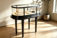 China Luxury Oval Glass Jewelry Showcase Table with Brushed Gold Metal Frame and Lockable Front Drawer for sale