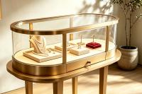 China Luxury Oval Glass Jewelry Showcase Table with Brushed Gold Metal Frame and Lockable Front Drawer for sale