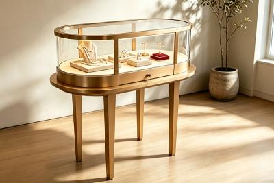 China Luxury Oval Glass Jewelry Showcase Table with Brushed Gold Metal Frame and Lockable Front Drawer for sale