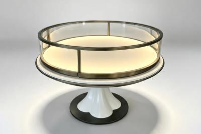 China Round Pedestal Jewelry Display Table with 360-Degree Viewing, Bronze-Tone Metal Frame, and Built-In LED Lighting for sale