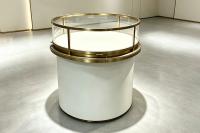 China Round Jewelry Island Showcase with Brushed Gold Frame, 360-Degree Viewing and Integrated LED Lighting for sale