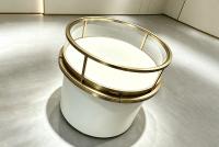 China Round Jewelry Island Showcase with Brushed Gold Frame, 360-Degree Viewing and Integrated LED Lighting for sale