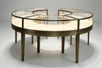 China Luxury Modular C-Shaped Split Jewelry Island Showcase with Brushed Gold Stainless Steel Frame and Full-Surface Warm LED Illumination for sale