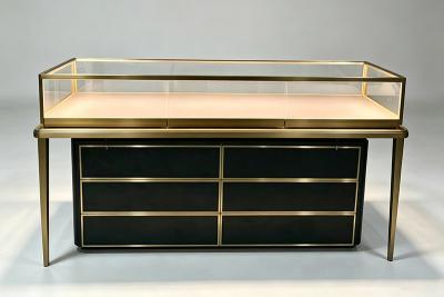 China Luxury Gold‑Framed Jewelry Counter With Side Pull‑Out Display Trays & Storage Drawers for sale