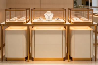 China Modular Design Jewelry Showcase Set with Brushed Gold Frame and Lockable Storage Drawers for sale