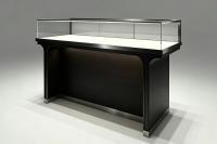 China Dark Wood Grain Veneer Jewelry Showcase Counter with Arched-Side Design and Lockable Tempered Glass for sale