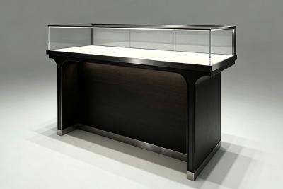 China Dark Wood Grain Veneer Jewelry Showcase Counter with Arched-Side Design and Lockable Tempered Glass for sale