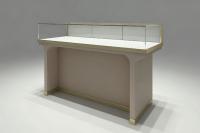 China Dark Wood Grain Veneer Jewelry Showcase Counter with Arched-Side Design and Lockable Tempered Glass for sale