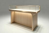 China Dark Wood Grain Veneer Jewelry Showcase Counter with Arched-Side Design and Lockable Tempered Glass for sale