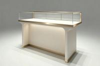 China Dark Wood Grain Veneer Jewelry Showcase Counter with Arched-Side Design and Lockable Tempered Glass for sale