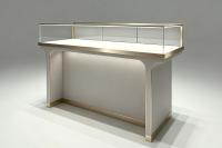 China Dark Wood Grain Veneer Jewelry Showcase Counter with Arched-Side Design and Lockable Tempered Glass for sale