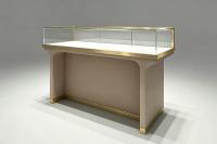 China Dark Wood Grain Veneer Jewelry Showcase Counter with Arched-Side Design and Lockable Tempered Glass for sale