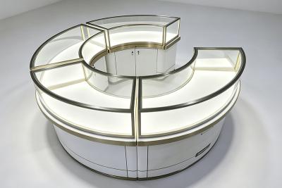China Custom C-Shape Circular Jewelry Display Counter with Modular Combined Curved Tempered-Glass Showcase for sale