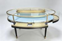 China Luxury Round Jewelry Island Counter with Full-Circle Bent Tempered-Glass and Brushed Gold Metal Frame Featuring Built-In LED Lighting for sale