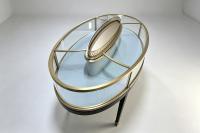 China Luxury Round Jewelry Island Counter with Full-Circle Bent Tempered-Glass and Brushed Gold Metal Frame Featuring Built-In LED Lighting for sale