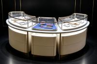 China Modular Combined Jewelry Showcase with Brushed Gold Frame and Hidden LED Lighting Display Counter for sale