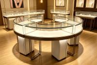 China C-Shaped Open-Center Jewelry Island Showcase with Bronze-Tone Anti-Fingerprint Frame and Recessed LED Lighting for sale