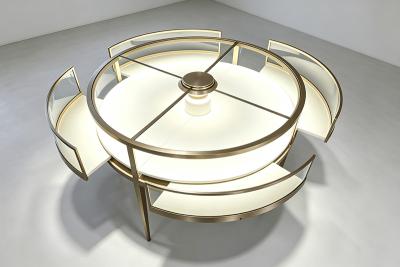 China Luxury Modular Multi-layer Jewelry Island Counter with Bent Tempered-Glass and Brushed Gold Anti-Fingerprint Frame for sale