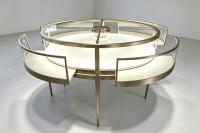 China Luxury Modular Multi-layer Jewelry Island Counter with Bent Tempered-Glass and Brushed Gold Anti-Fingerprint Frame for sale