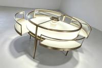 China Luxury Modular Multi-layer Jewelry Island Counter with Bent Tempered-Glass and Brushed Gold Anti-Fingerprint Frame for sale