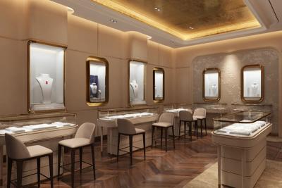 China French Neo-Luxury Jewelry Showroom with Glass Showcase Brass Trim and Complete Turnkey Solution for sale