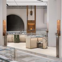 China Modern-Oriental Minimalist Jewelry Showroom with Stone-Veneer Display Cases and Freestanding Pillar Vitrines for sale