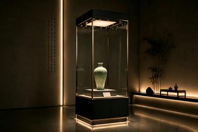 China Museum-Grade Square Showcase with Gold Metal Trim Anti-Reflective UV-Blocking Glass Display Cabinet for sale