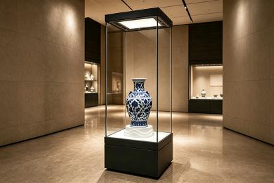 China Anti-Glare Four-Sided Museum Exhibit Cabinet with Sculpted Wavy Plinth and Top Panel Lighting for sale