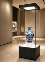 China Anti-Glare Four-Sided Museum Exhibit Cabinet with Sculpted Wavy Plinth and Top Panel Lighting for sale