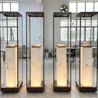 China Anti-Glare Glass Museum Exhibit Cabinet with Tall Solid White Pedestal and Bronze Trim Porcelain Display Tower for sale