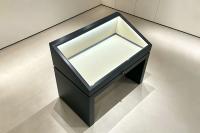China Slanted Reading Vitrine with Anti-Glare Low-Iron Glass and Customizable LED Lighting for Ergonomic Viewing for sale
