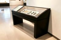 China Anti-Glare Low-Iron Glass Museum Display Table With Slanted Top And LED Lighting For Relics for sale