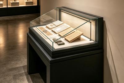 China Custom Gas-Strut Hydraulic Lift Museum Display Case with Anti-Glare Low-Iron Glass Lid and Adjustable Acrylic Book Cradles for sale