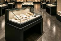 China Custom Gas-Strut Hydraulic Lift Museum Display Case with Anti-Glare Low-Iron Glass Lid and Adjustable Acrylic Book Cradles for sale