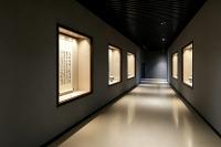 China Seamless Anti-Glare Glass Museum Exhibit Cabinet With Concealed LED Lighting And Fabric Back Panel for sale