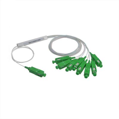 China Steel Tube Input 250μm Fiber Optic PLC Splitter with 1x8 SC/APC Green Connector for Single Mode Applications for sale